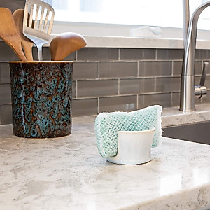 Ceramic Dish Sponge and Scrubby Holder - Caddy - Drainer for Kitchen Sink | Decorative | Allows Sponge to Dry | Helps Reduce The Odor of Stinky Sponges | Bar Soap Holder for Sink (Marbled White)