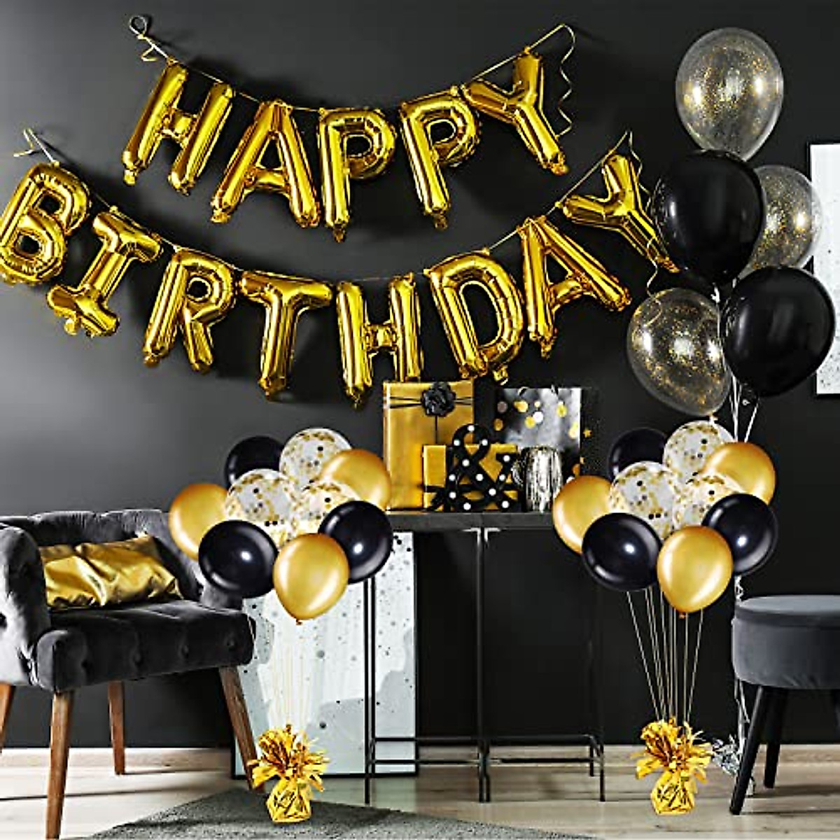 56 Pcs Balloon and Balloon Weights, 50 Pieces Balloons Decorative Birthday Confetti Balloons 6 Pieces Balloon Weights Pack Holder Balloons Party Wedding Birthday Decors(Black, Gold Series)