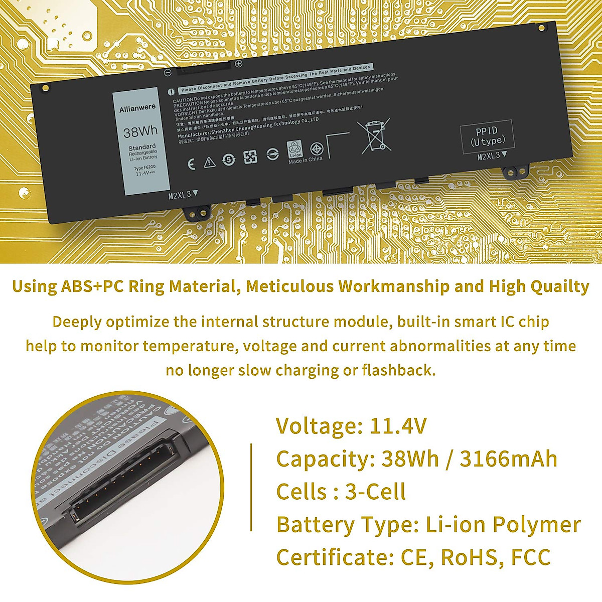 Allianwere F62G0 Replacement Laptop Battery Compatible with Dell Inspiron 13 7373 7000 7370 7380 7386 P83G P83G001 P83G002 Vostro 13 5370 D1525S D1505G R1605S D2505G Series Notebook F62GO RPJC3 39DY5