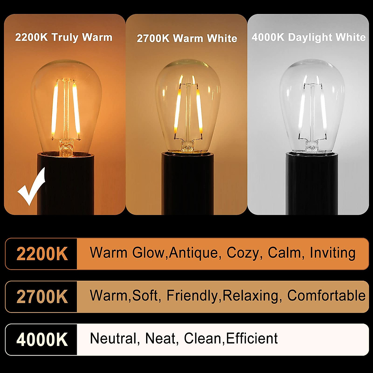 ROMANJOY LED Light Bulbs, 11-15W Equivalent Incandescent Bulbs Replacement, Waterproof Bulbs for Outdoor Patio String Lights, Vintage Edison LED Filament Bulb (S14-2W-E26-15Pack, 2200K Warm White)