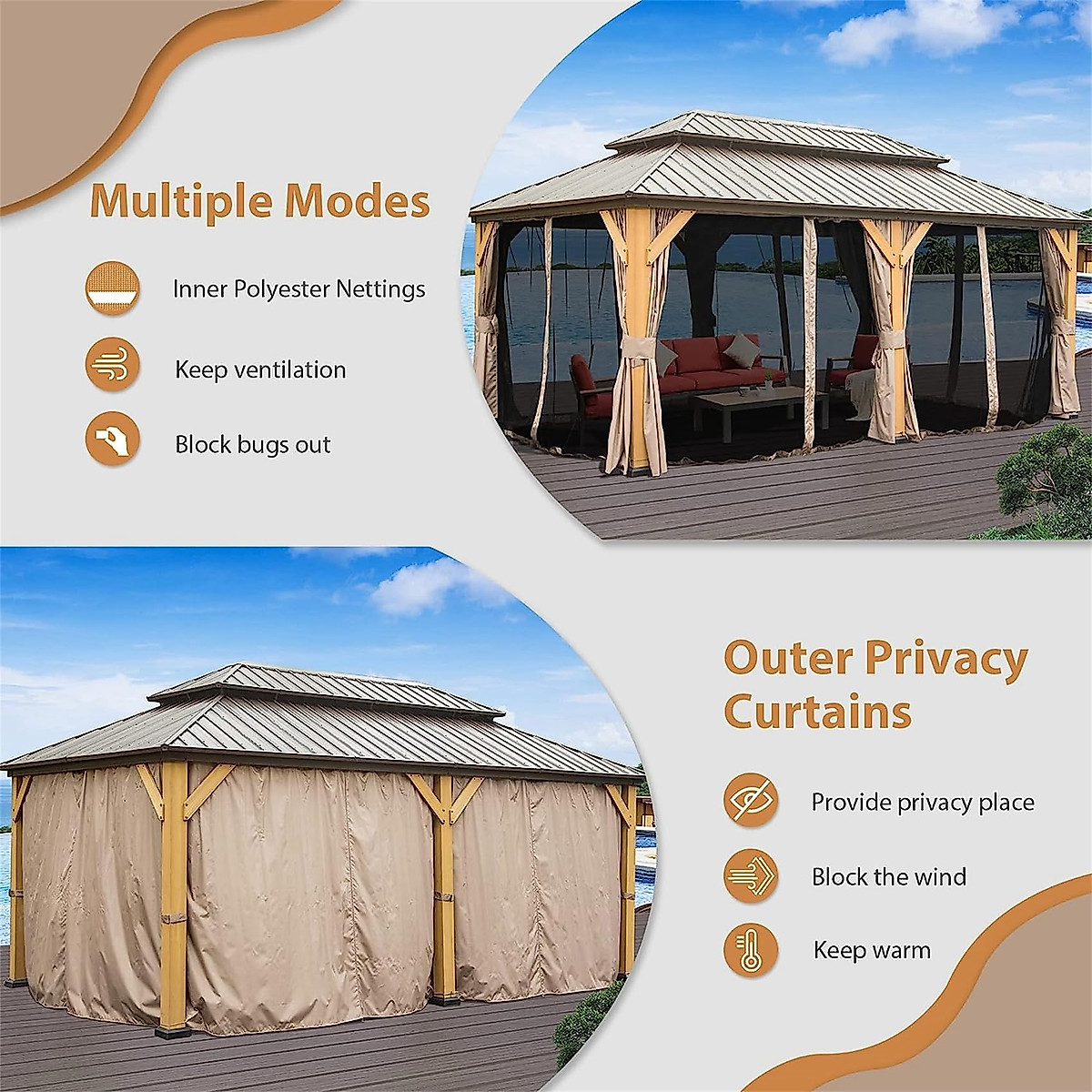 12'x20' Hardtop Gazebo with Cedar Wood Frame, Outdoor Wood Gazebo with Galvanized Steel Double Roof, Permanent Metal Roof Gazebo with Curtains and Netting for Patio, Backyard and Lawn(Brown)