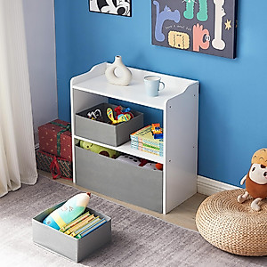 VECELO Kids Playroom Set, Table and 2 Chair with Organizer Shelf, Hidden Mesh Storage, Compact Modern Design, Easy Assembly, White/Grey