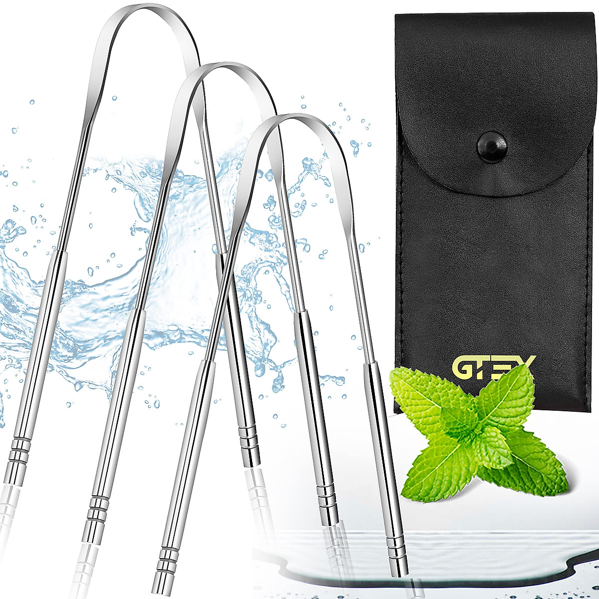 GTEX Tongue Scraper (3 Pack) with Travel Pouch - Medical Grade 100% Stainless Steel Metal Tongue Cleaner for Adults and Kids - 3 Tounge Scrapers