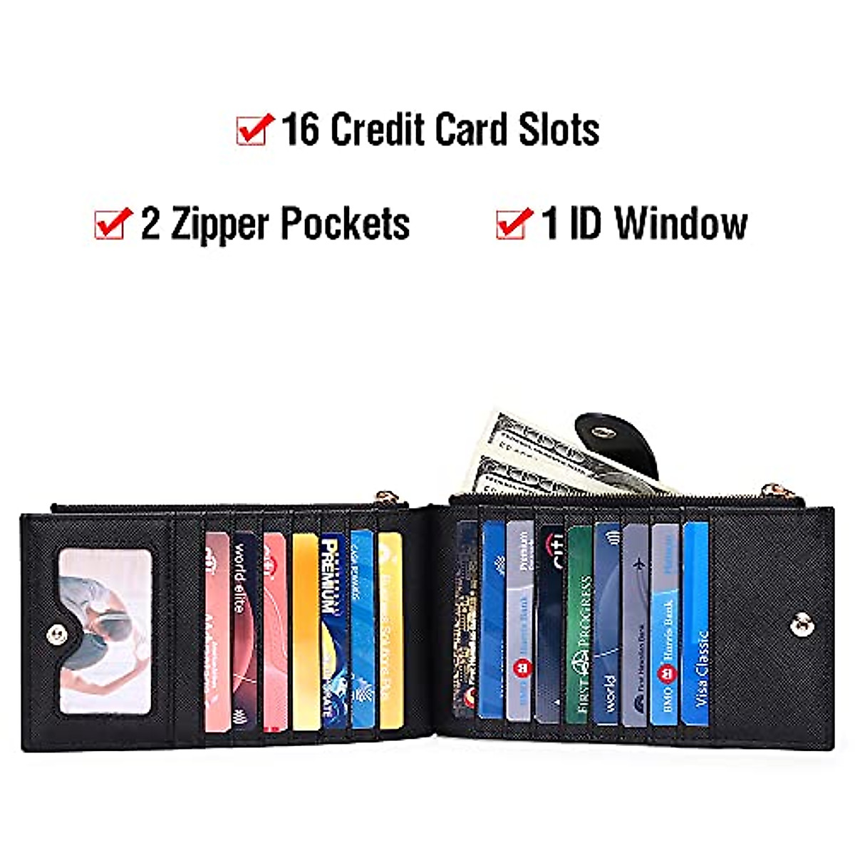 GOIACII Womens Walllet RFID Blocking Bifold Credit Card Holder with 2 Zipper Pockets Black
