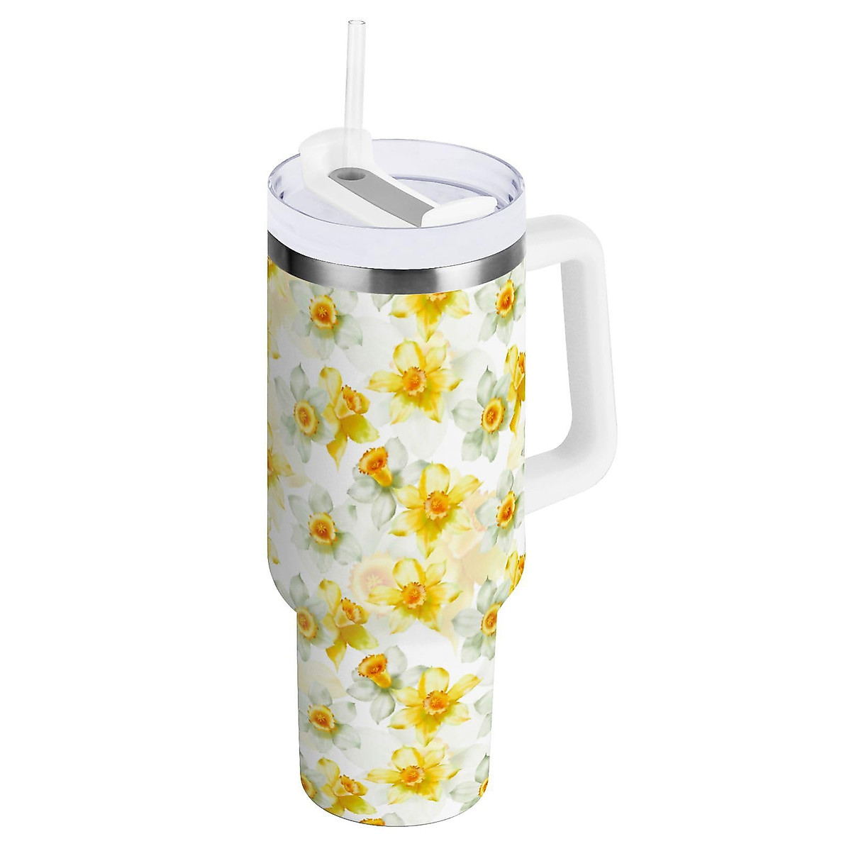 Yellow Daffodils Narcissus Tumbler with Handle and Straw Lid, Watercolo Garden Flowers 30 oz Insulated Coffee Cup Stainless Steel Water Bottle Travel Mug Cupholder Friendly,Gifts for Women Men