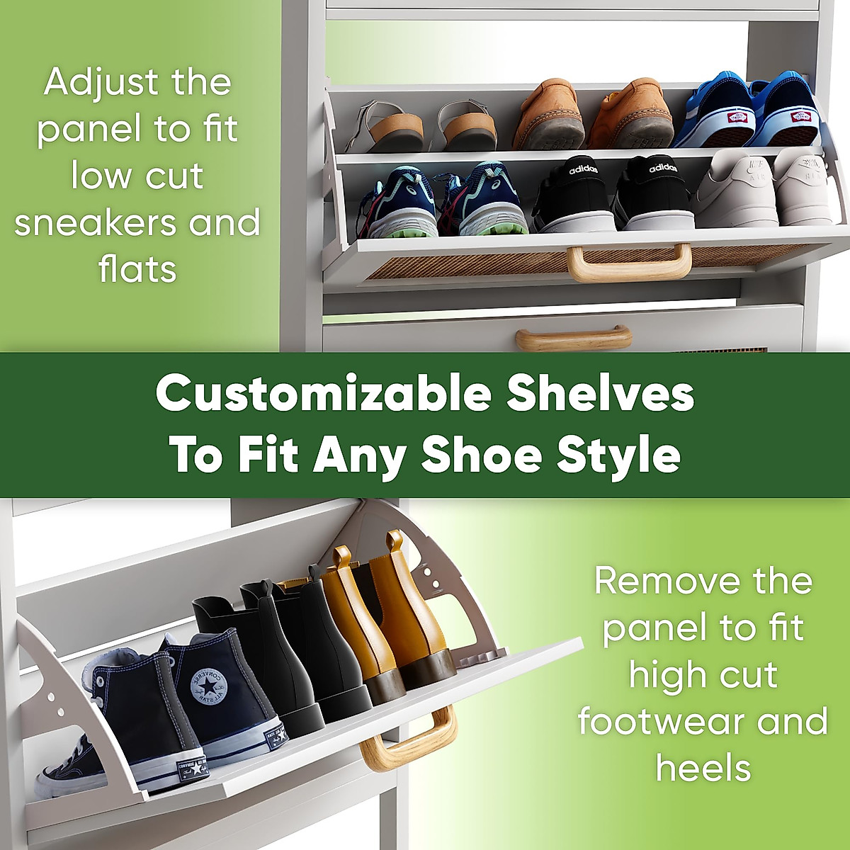 CleverHome Wood Hidden Shoe Rack - Narrow Shoe Cabinet with Drawer, 2 Tilting Shoe Organizer & Shelf - Rattan Shoe Storage Cabinet for Entryway, Nonslip Shoe Dresser- Bundle Below w/Improved Screws