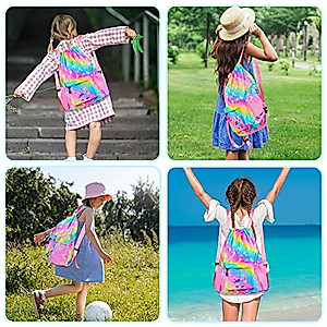 Drawstring Backpack Bag for Kids Girls, Waterproof Beach Bag with Zipper Pocket for Swimming Sports Gym Travel Birthday Christmas Gift (Rainbow Unicorn)