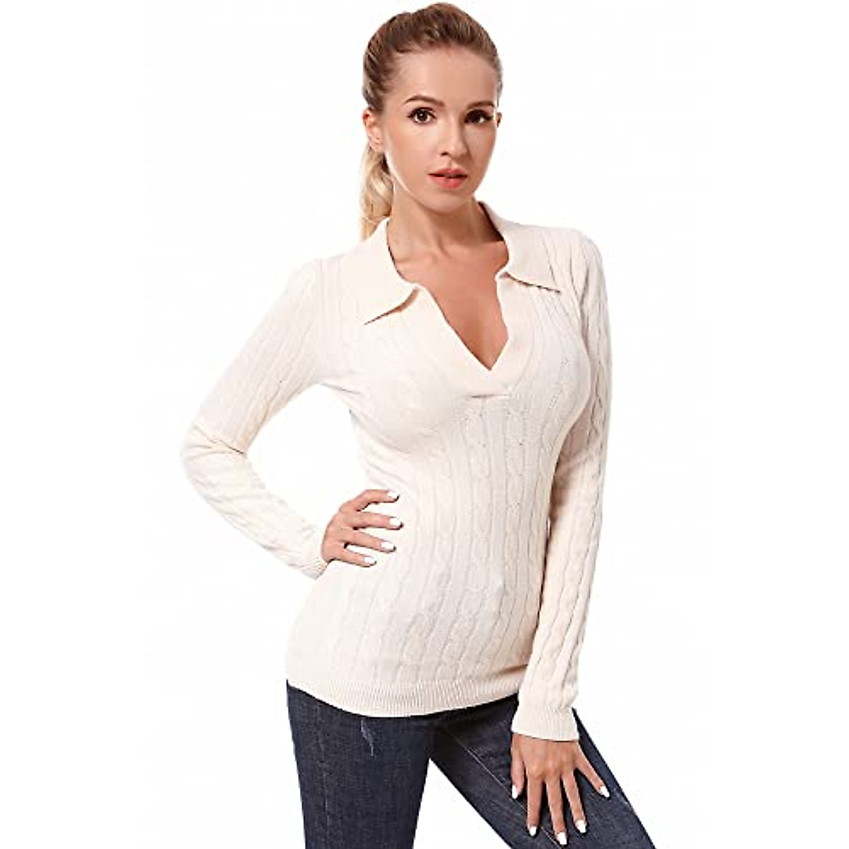 AmélieBoutik Women Collar V Neck Cable Knit Long Sleeve Pullover Sweater (Creamy White X-Small)