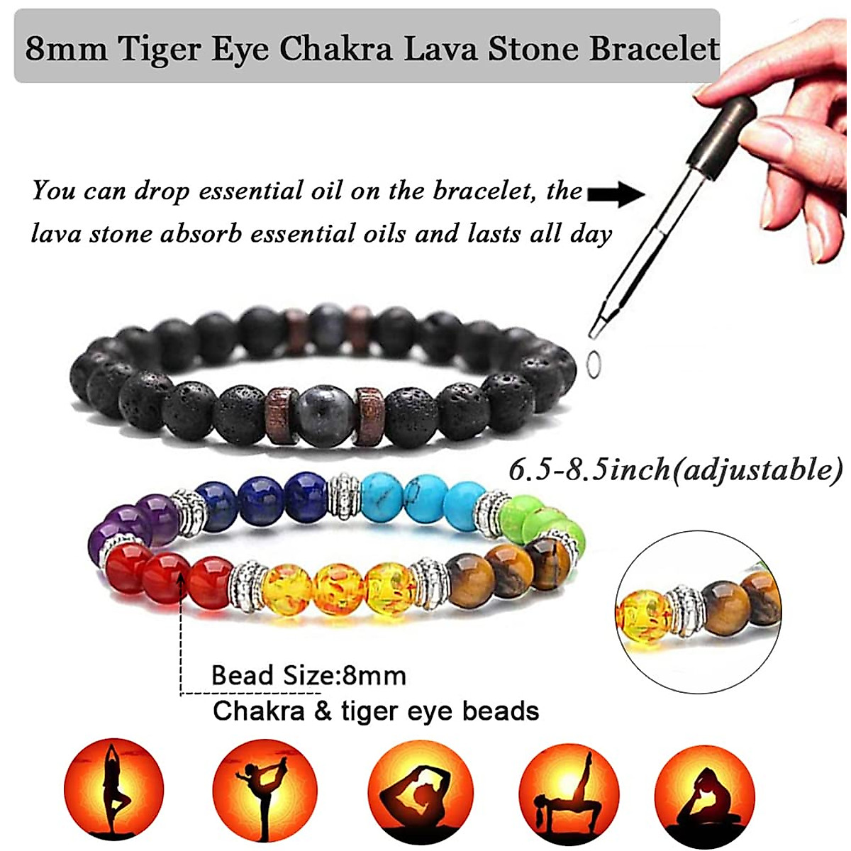FIRAZIO 14Pcs Black Lava Stone 7 Chakra Bracelets 8mm Yinyang Rock Bead Elastic Bracelet Crystals Stones Bracelets Yoga Beaded Bracelets Essential Oil Diffuser for Men Women Jewelry