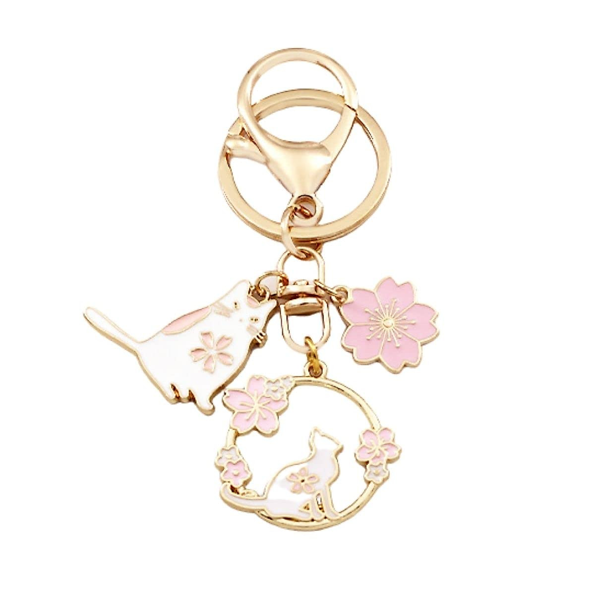 Fuqimanman2020 Cute Metal Rabbit Keychain Pink Red Drop Oil Cherry Blossom Rabbit Keychain for Women Gift-Cat