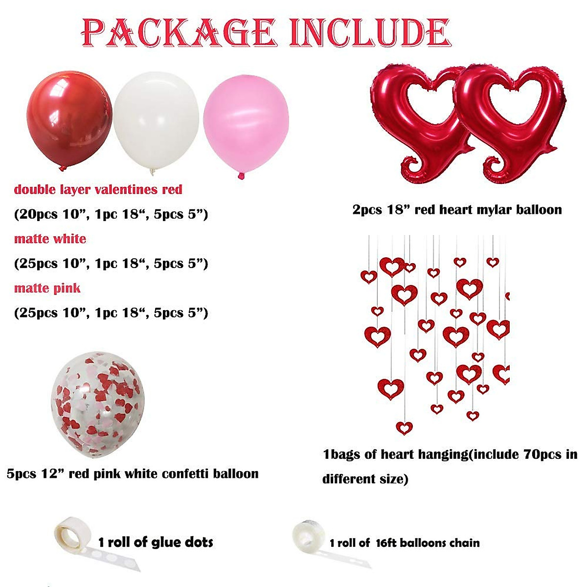 Birthday Red White Pink Balloons Garland, 100pcs 18" 12" 5" Latex Balloon Red Heart Shape Foil Balloon Red Heart Hanging for Girls Birthday 1st 10th 16th 21st 30th Women's Birthday Bridal Shower Decor