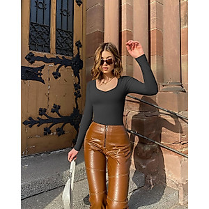 OQQ Women's 2 Piece Bodysuits Sexy Ribbed One Piece Long Sleeve Sweetheart V Neck Tops Bodysuits Black Beige