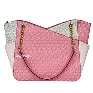Michael Kors Jet Set Travel Large Chain Shoulder Tote Tea Rose Pink MK Signature Bundled Jet Set Travel Large Trifold Wallet Powder Blush Pink Saffiano