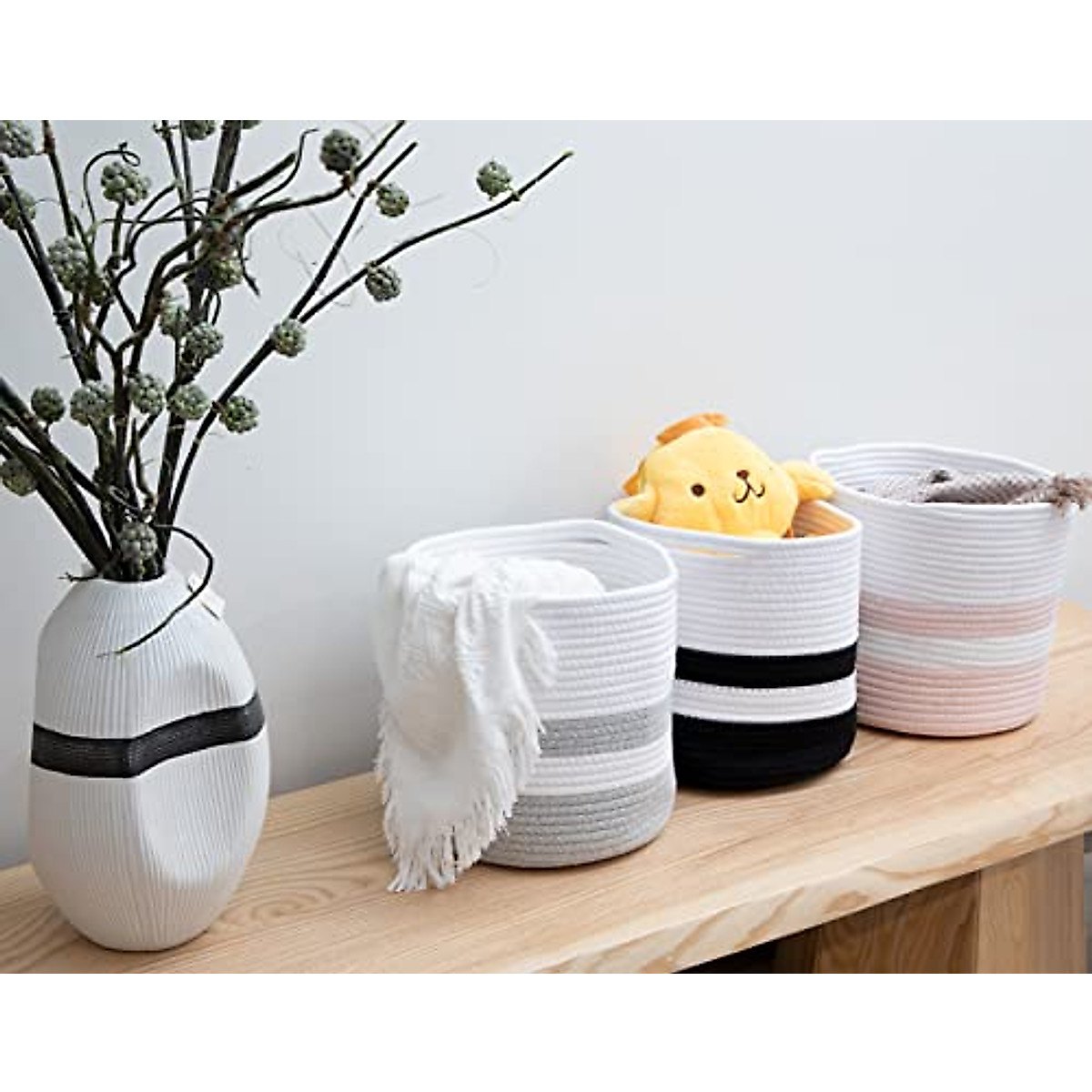 BURFERLY Mini Collapsible Laundry Hamper for Baby Pure Cotton Rope Storage Basket with Handles Dirty Clothes Hamper Storage Bins Organizer for Nursery, Laundry, Towel, Clothes (9.8''x10.2'', Black)