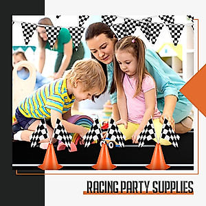 Remagr 22 Pcs Race Car Birthday Party Supplies Include Racetrack Floor Running Mat Checkered Racing Pennant Banner Black and White Flags on Sticks, Mini Orange Sports Safety Cones for Racing Party