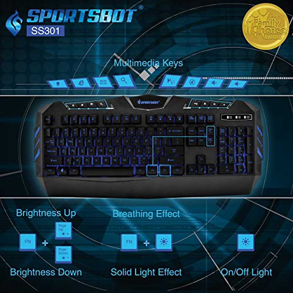 SportsBot SS301 Blue LED Gaming Over-Ear Headset Headphone, Keyboard & Mouse Combo Set w/ 40mm ...