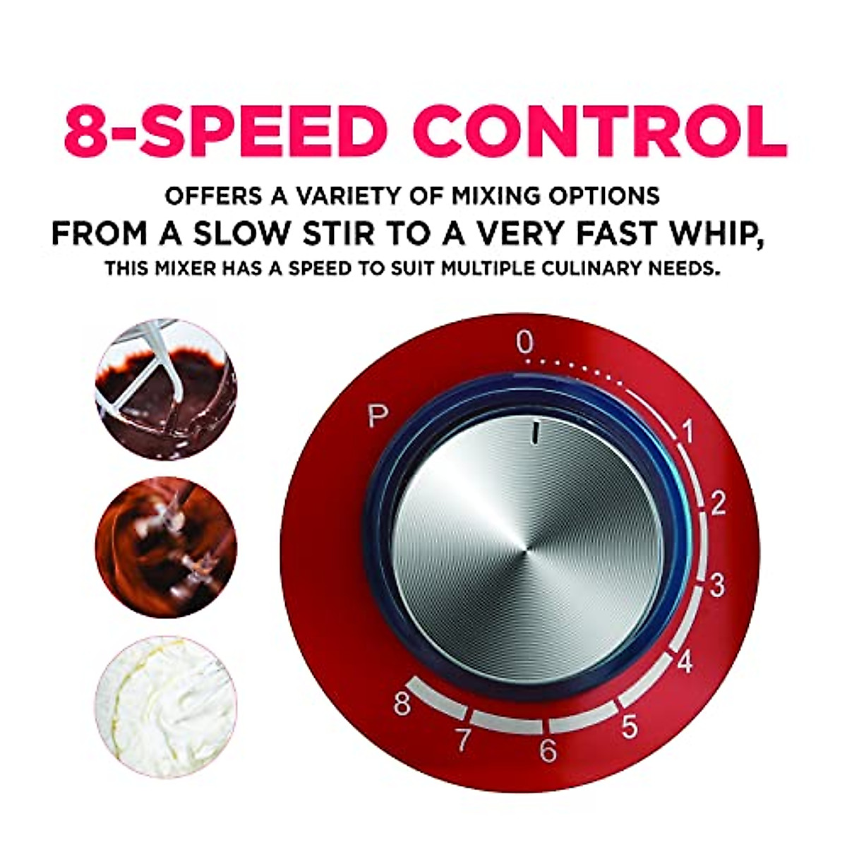 FRIGIDAIRE ESTM020-RED Retro Electric Stand Mixer, 4.75 Quart / 4.5L, 8 Speeds with Whisk, Dough Hook, Flat Beater Attachments, Splash Guard (RED)