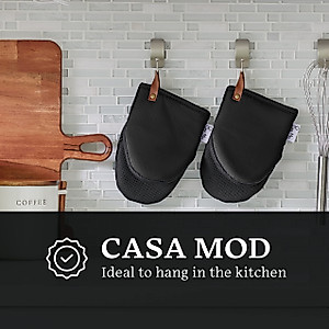 1 Pair Short Neoprene Mini Oven Mitts, Heat Resistant- Little Oven Gloves Pot Holder for Kitchen Cooking - Non-Slip Grip, Hanging Loop, Cotton Trivet for Kitchen Cooking - (Black)