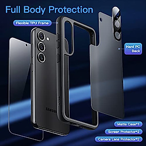 JETech 5 in 1 Matte Case for Samsung Galaxy S23+/ S23 Plus 6.6-Inch with 2 Screen Protector and 2 Camera Lens Protector, Translucent Back Protective Phone Cover, Tempered Glass Film (Black)
