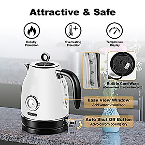 1.7L Electric Kettle Water Boiler with Thermometer for Boiling Water, 1500W Hot Water Heater with Temperature Gauge and Auto Shut Off, Boil Dry Protection, White