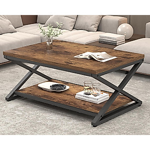 HSH Wood Coffee Table with Storage, Farmhouse Rustic Brown Coffee Table for Living Room, Modern Minimalist 2 Tier Center Table, Simple Rectangle Cocktail Tea Table in Home Office Bedroom, 39 Inch