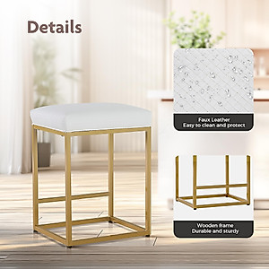 ALPHA HOME 24 Inch Counter Height Bar Stools Set of 3, Upholstered Bar Stools for Kitchen Island, Counter Stools with Faux Leather Cushion and Sturdy Metal Frame, Modern Barstools, White and Gold