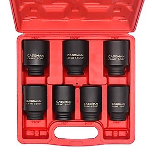 CASOMAN 1/2-Inch Drive Deep Spindle Axle Nut Impact Socket Set, Inch, Cr-Mo, 6-Point, 1-3/8-Inch - 1-3/4-Inch, 7 Piece Axle Socket Set