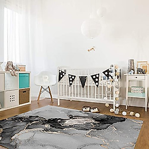 Light Luxury Black Gold Marble Area Rug, Grey Background Golden Moire Pattern Throw Rugs, Easy-Cleaning Anti Slip Carpet for Indoor Living Room Bedroom Apartment Decor Rug - 5 ft x 7 ft