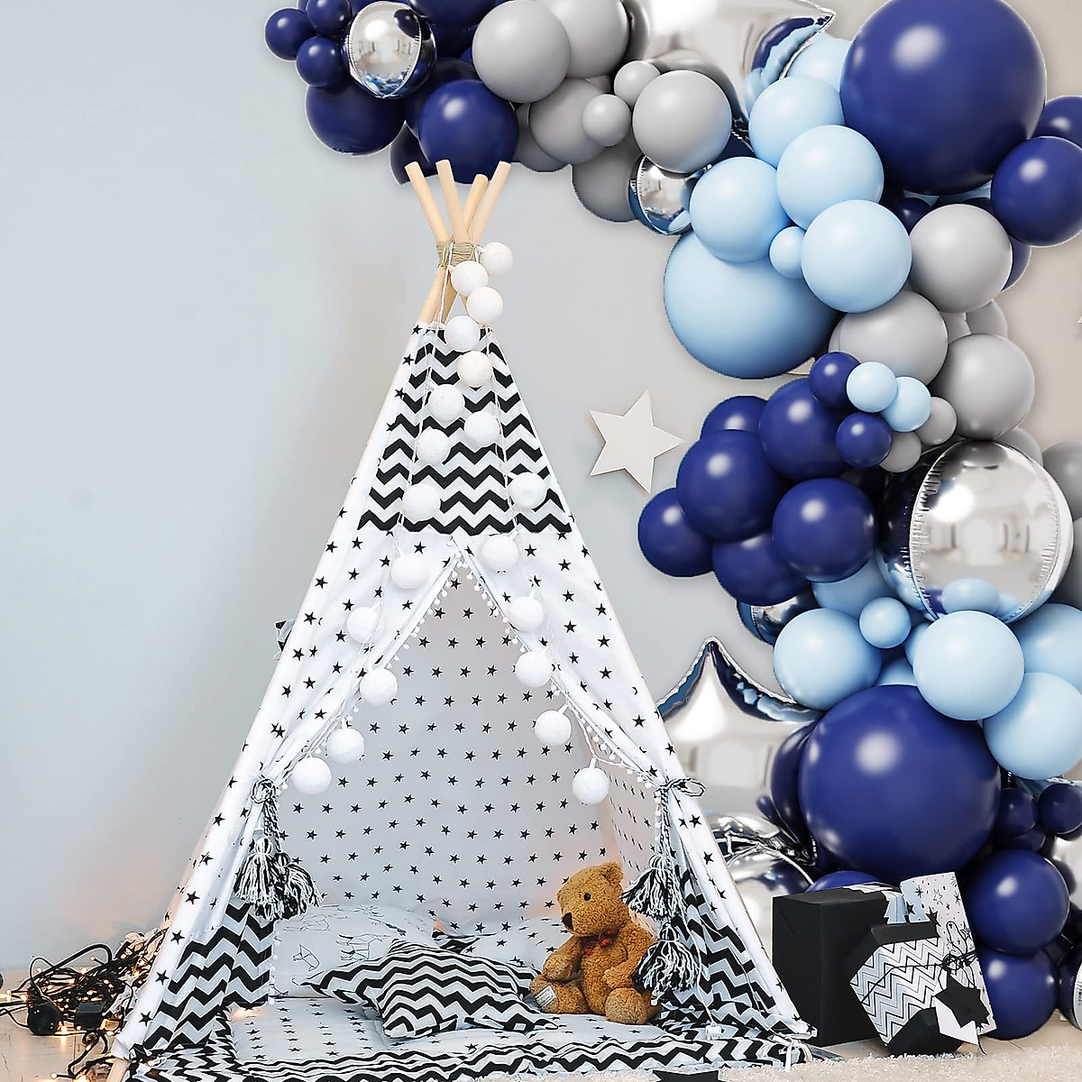 RUBFAC 155pcs Blue Silver Balloon Garland Arch Kit Pastel Blue Navy Blue Metallic Silver Grey Baby Blue Night Blue Balloons for Boys Graduation Girls Baby Shower Wedding Birthday Party Decorations