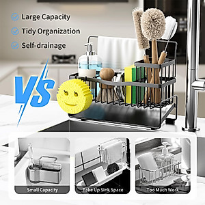 Adurei Kitchen Sink Caddy Sponge Holder for Kitchen Sink SUS304 Stainless Steel Rack with High Brush Holder Smiley Face Sponge Hook Towel Holder and Divider Gadgets Organizer for Counter
