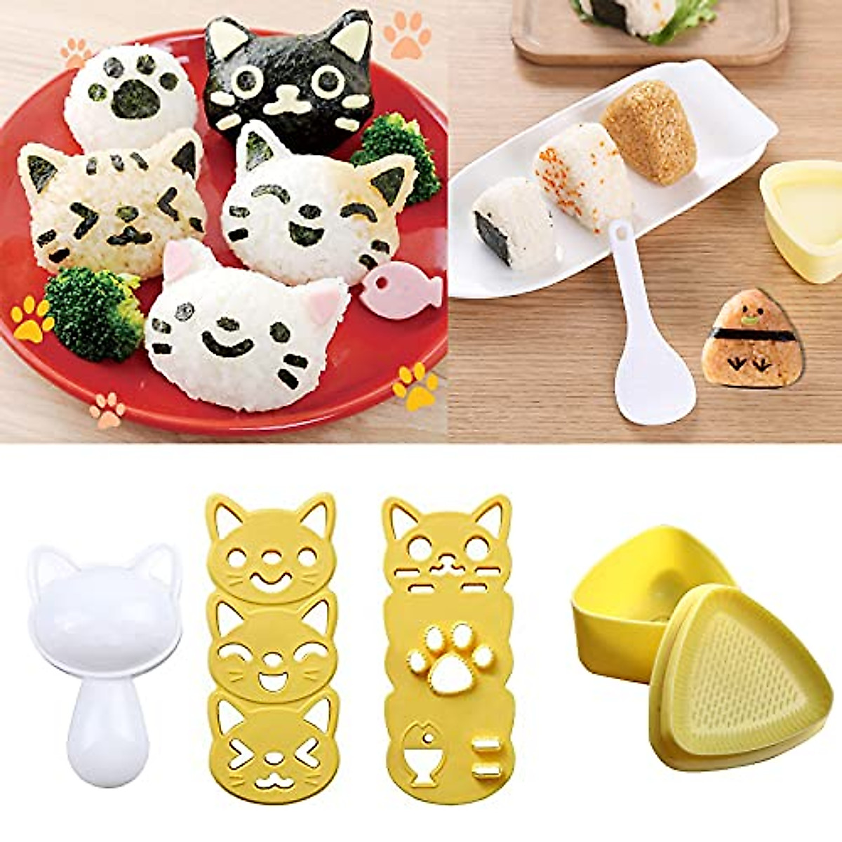 Cute Cat Rice Ball Molds 6 Sets Sushi Molds Bento Accessories Kits with 3PCS Vegetable Fruit Cutter Shapes and 1PC Gimbap Mold Triangle for Nori Rice Making DIY Bento Box Picnic Tools
