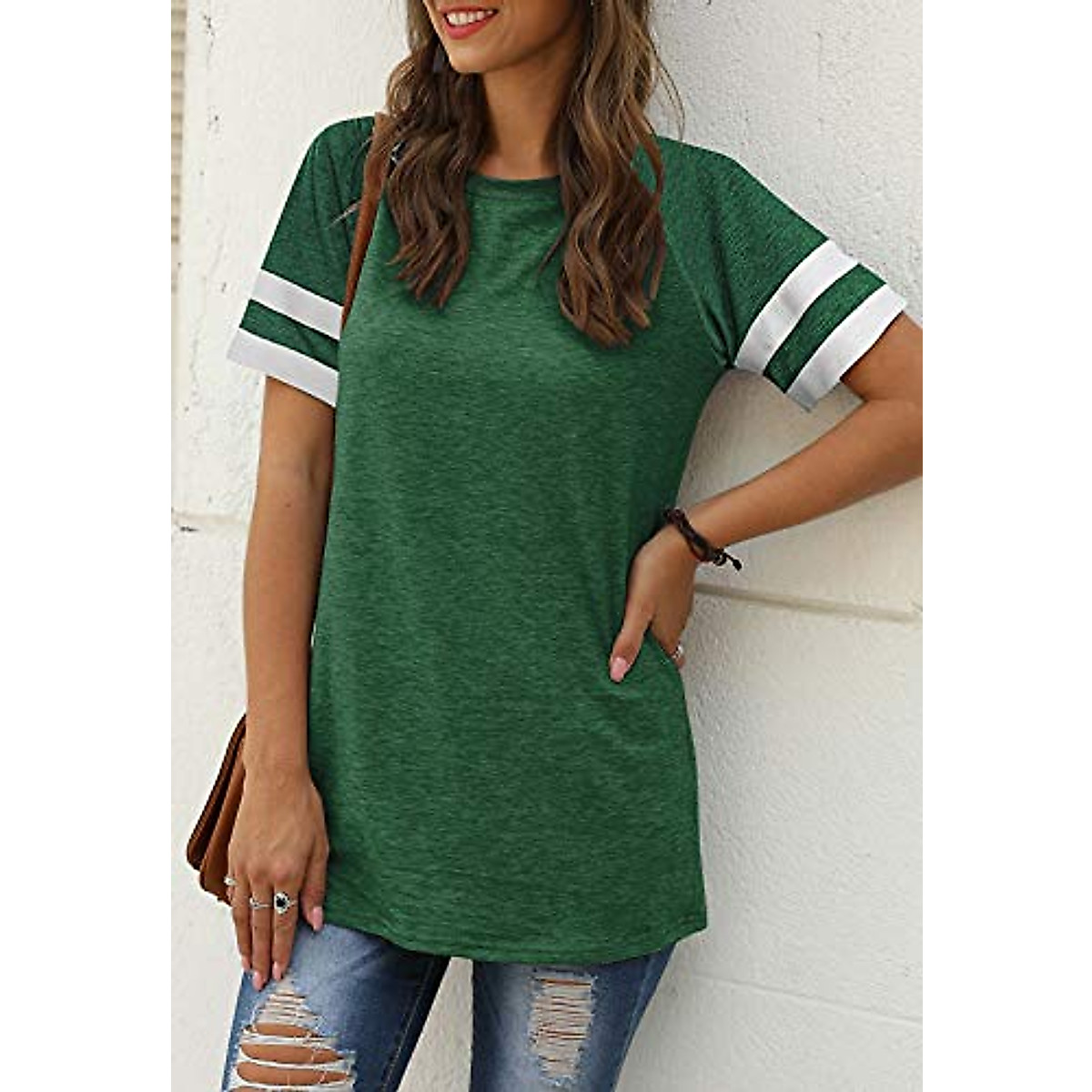 Adibosy Women Summer Casual Shirts: Short Sleeve Striped Tunic Tops - Womens Loose Round Neck Tee Tshirt Blouses Green M