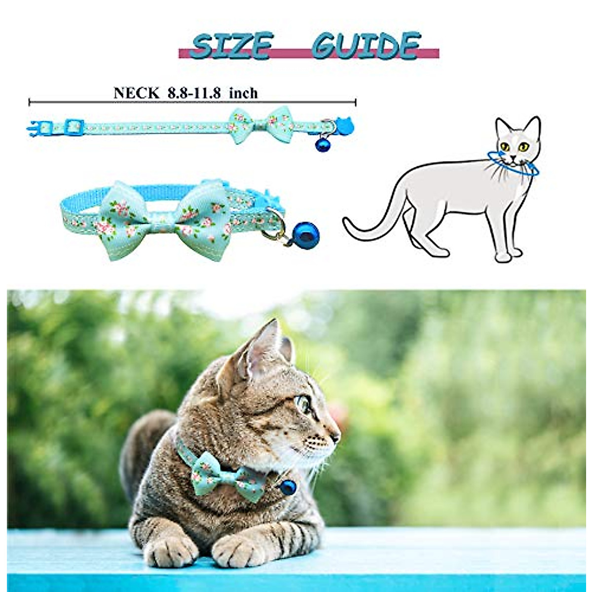 IDOLPET 4PCS Cat Collar Small Floral Cat Collar Safety Quick Release with Bell Cat Collar Adjustable Cat Collar with Bowtie for Cat Pup Kitty
