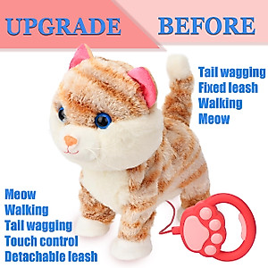 Cuteoy Walking Yellow Kitty Stuffed Animal Electric Interactive Musical Cat Plush Toy Meowing Wagging Tail with Remote Control Leash Nodding Pet Plushies Christmas Birthday Gifts for Kids Toddlers
