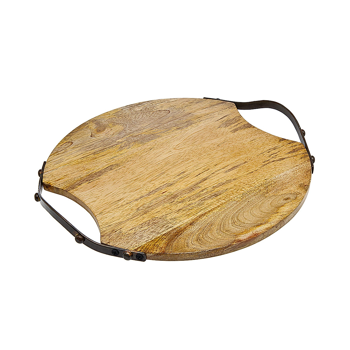 Godinger Wood Serving Tray, Charcuterie Platter Cheese Board with Metal Handles - Round - Large