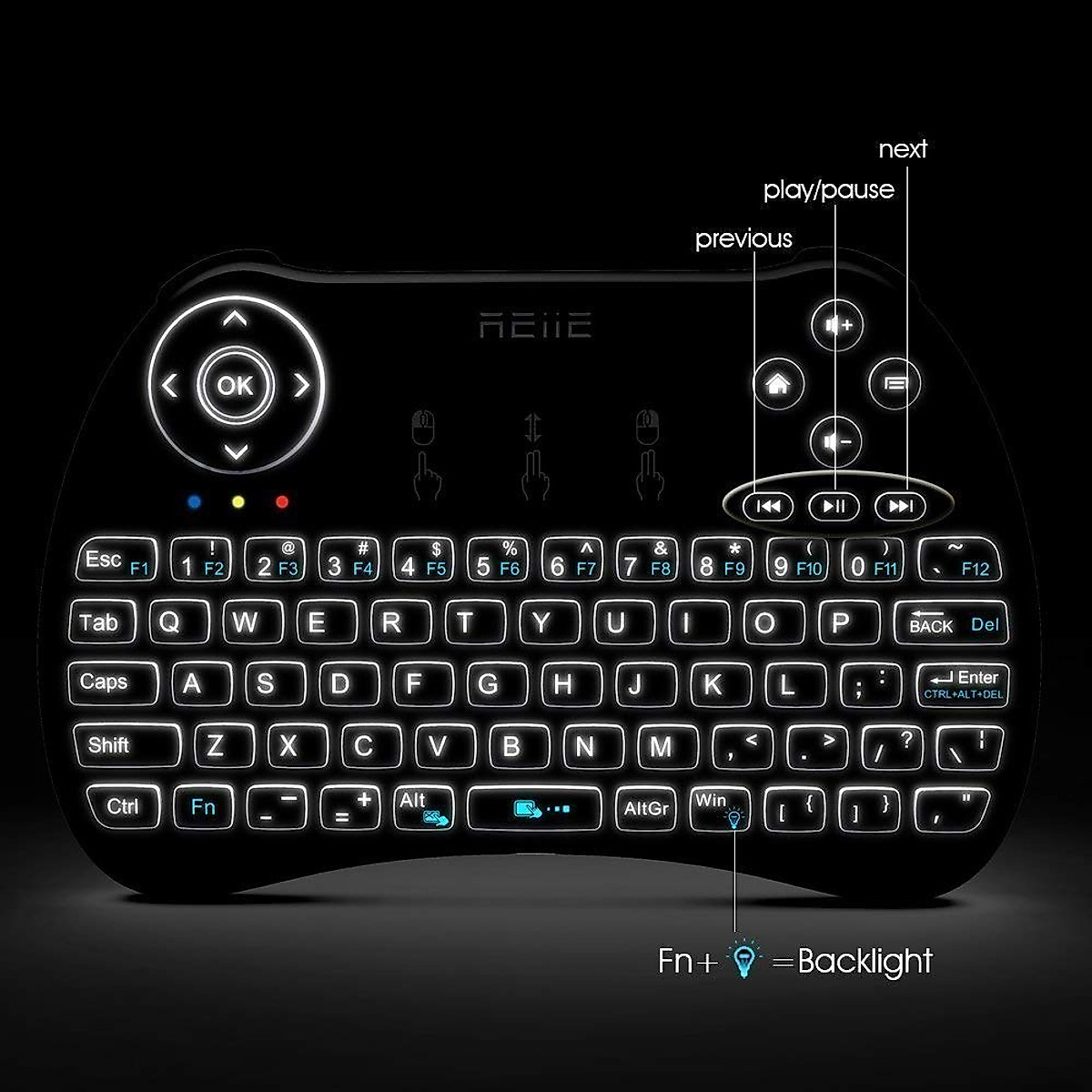 reiie (Backlit Version) H9+ Mini Keyboard,2.4GHz Wireless Mini Handheld Smart TV Remote Keyboard with Touchpad for PC,Raspberry Pi 2, Pad, Smart TV, Android TV Box, Windows 7 8 10