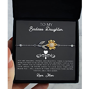 Proud Gifts Badass Daughter Bracelet From Mom, To My Badass Daughter Bracelet, You are Amazing, Birthday Daughter 925 Sterling Silver Bracelet with 14k Gold Sunflower Charm From Mother