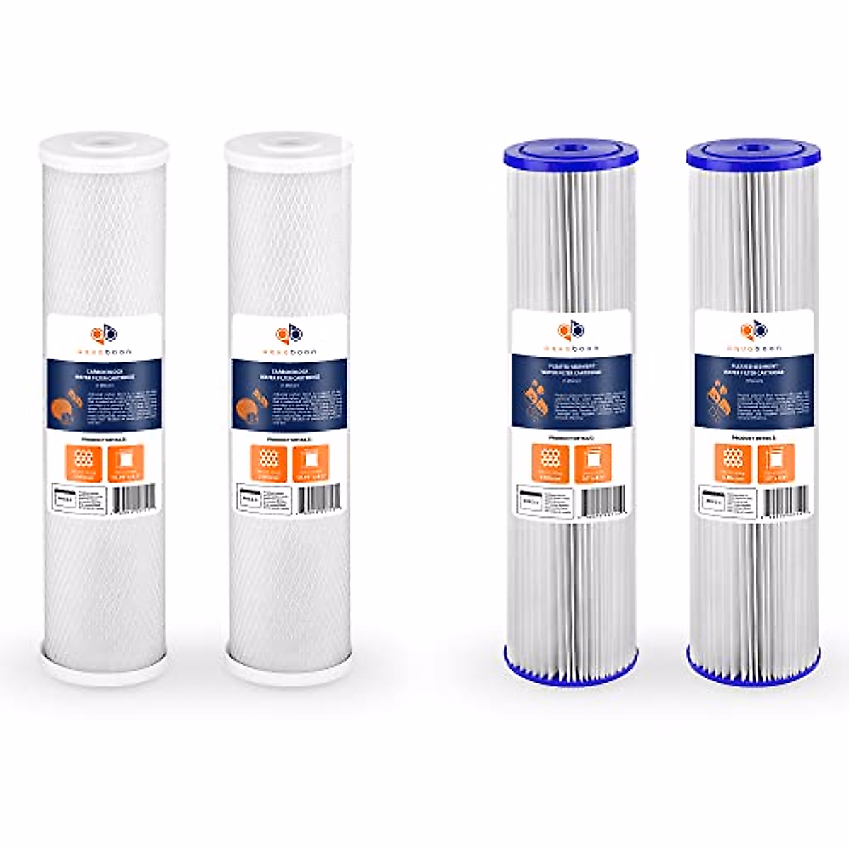 Aquaboon 2-Pack Universal Whole House 5 Micron 20 x 4.5 inch Cartridges Coconut Shell Water Filter Cartridge & Aquaboon 2-Pack Pleated Sediment Water Filter Cartridge