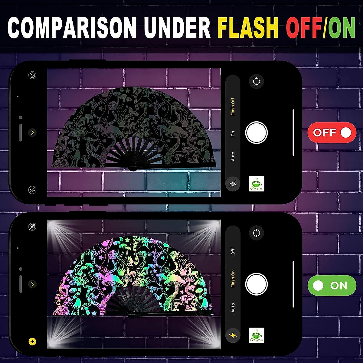 OMyTea Reflective Rave Hand Fan Foldable for Women/Men/Drag Queen - Large Clack Festival Folding Hand Fan - for EDM, Music Festival, Event, Party, Dance, Performance (Mushroom)