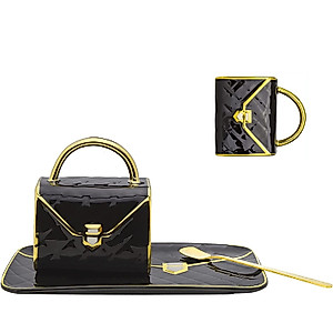 Vamotto Handbag Shaped Coffee Mug with Saucer, Novelty Hand bag Coffee Cup Ceramic Tea Cup Travel Coffee Mug For Office Ladies Mom Women Wife Girlfriend Sister (Black)