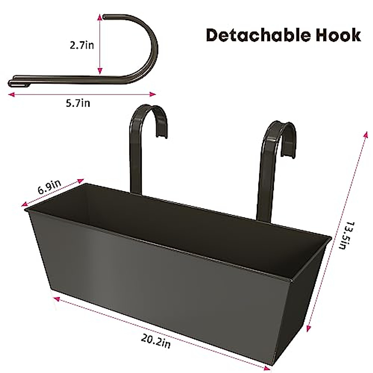 PINFENGJIAJU 24 Inch Metal Iron Hanging Planters 2 Pack, Large Rectangular Hanging Flower Pots with Detachble Hooks, Deck Rail Fence Balcony Hanging Planter Boxs with Drainage Holes(Shimmerry Brown)