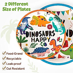 Mocoosy 96Pcs Dinosaur Party Plates and Napkins Sets, Dino Birthday Party Supplies for Kids Disposable Dinner Dessert Cake Plates Napkins Forks Dinosaur Paper Utensils Tableware Kit Serves 24 Guests