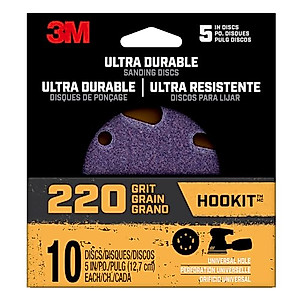 3M Ultra Durable 5 inch Power Sanding Discs, Universal Hole, 220 Grit, 10/Pack