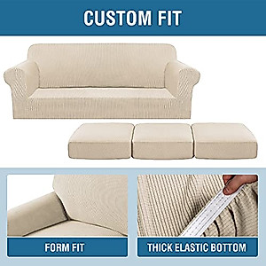H.VERSAILTEX 4 Piece Stretch Sofa Covers for 3 Cushion Couch Covers for Living Room Furniture Slipcovers (Base Cover Plus 3 Seat Cushion Covers) Upgraded Thicker Jacquard Fabric (Sofa, Natural)