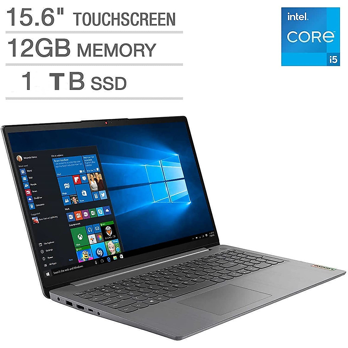 Lenovo Ideapad 3 Notebook Laptop, 15.6" FHD (1920x1080) Touch, Fingerprint Reader, Intel Core i5-1135G7 up to 2.4 GHz, 4Cores, 12GB RAM, 1TB SSD, Bluetooth, Arctic Grey, Windows 10, EAT Mouse Pad