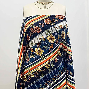 Texco Inc Printed Techno Scuba Knit Medium Flower Pattern/Poly Spandex Crepe Stretch Fabric DIY Project, Navy Teal Paprika 10 Yards