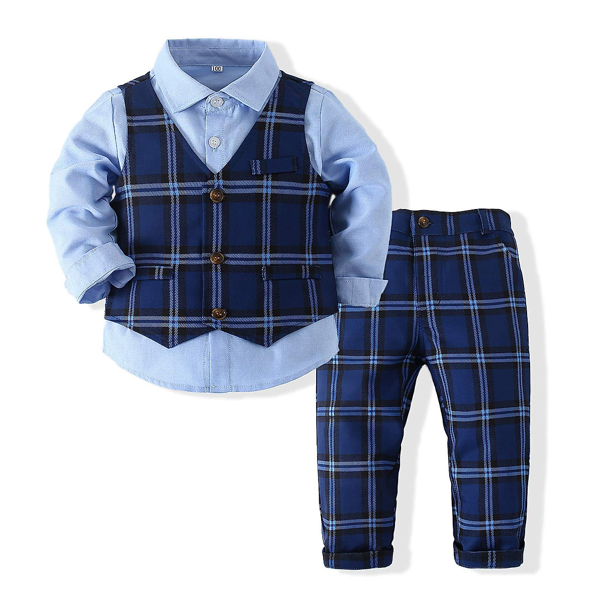 Kimocat Boys’ Plaid Button Down Polyester Casual Dress Shirt Slim Fit +Vest+Pant Outfits (Blue, 1-2T)