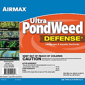 Airmax Ultra Pondweed Defense Aquatic Weed & Plant Killer, Easy Spray Application to Clean & Clear Large Pond & Lake Water, Liquid Treatment Control Concentrate, Fish Safe, 1 Quart