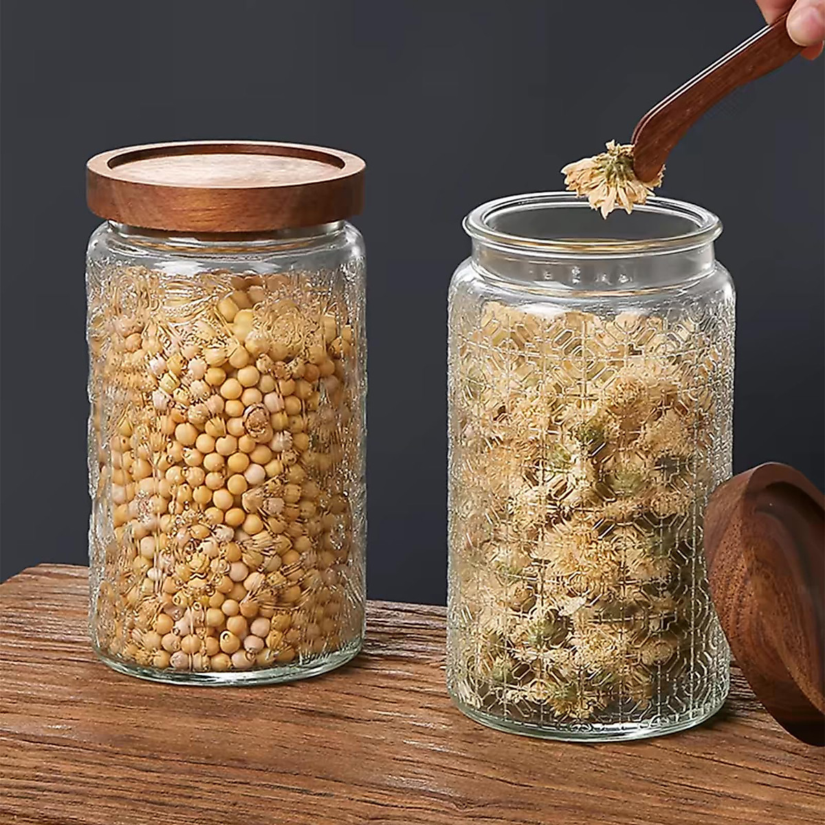 yoqelt Vintage Glass Jars with Wooden Lids, 2 Pack 34 oz Airtight Glass Food Storage Containers Sets for the Kitchen, Sugar Coffee Candy Spice Cookie Tea Pasta