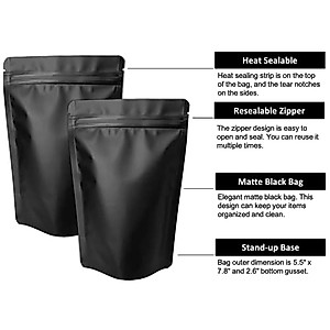100 Pack Matte Black Mylar Stand Up Bags - 5.5x7.8 Inches Smell Proof Resealable Bags, Sealable Foil Packaging Bags